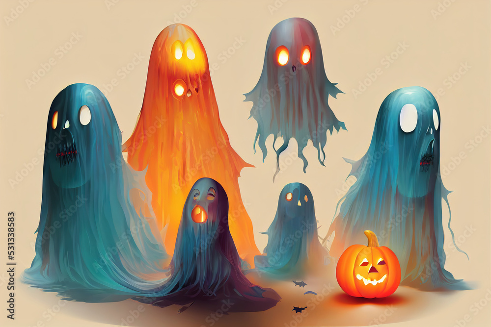 Ghost for Halloween, Set of multi-colored Ghosts with scary and evil ...