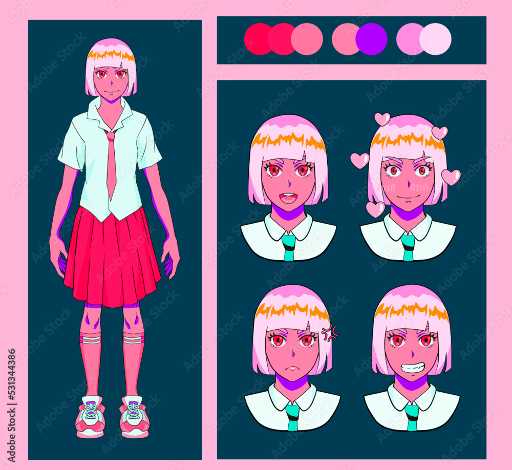 Sprite sheet of an anime girl with bob haircut. Design of a cartoon ...