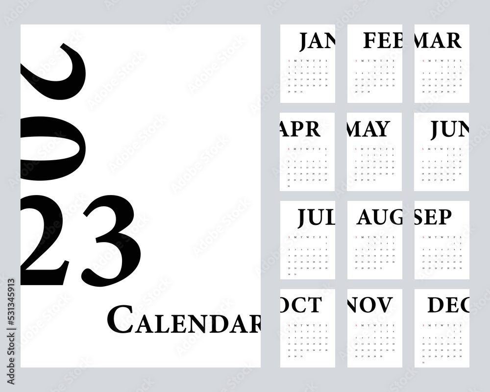 2023 printable monthly calendar template design, week starts on Sunday ...