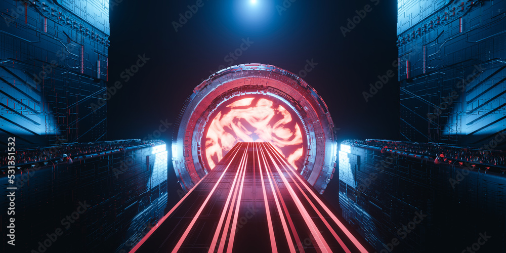 3d rendering abstract technology illustration. Hi tech circle gate with ...