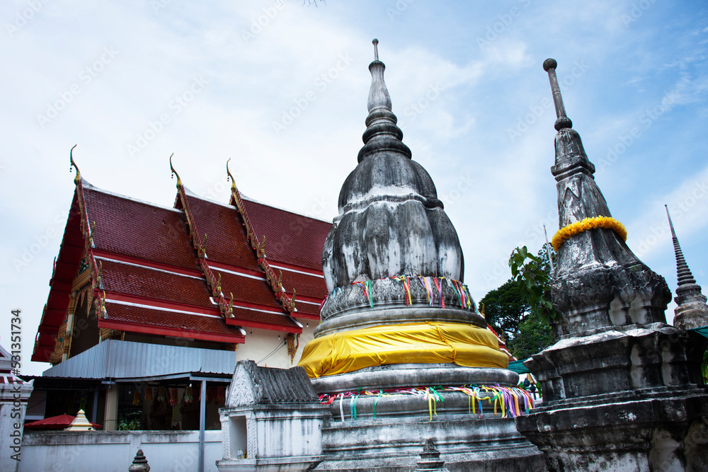 Ancient stupa or antique chedi and ruins buddha and ubosot for thai ...