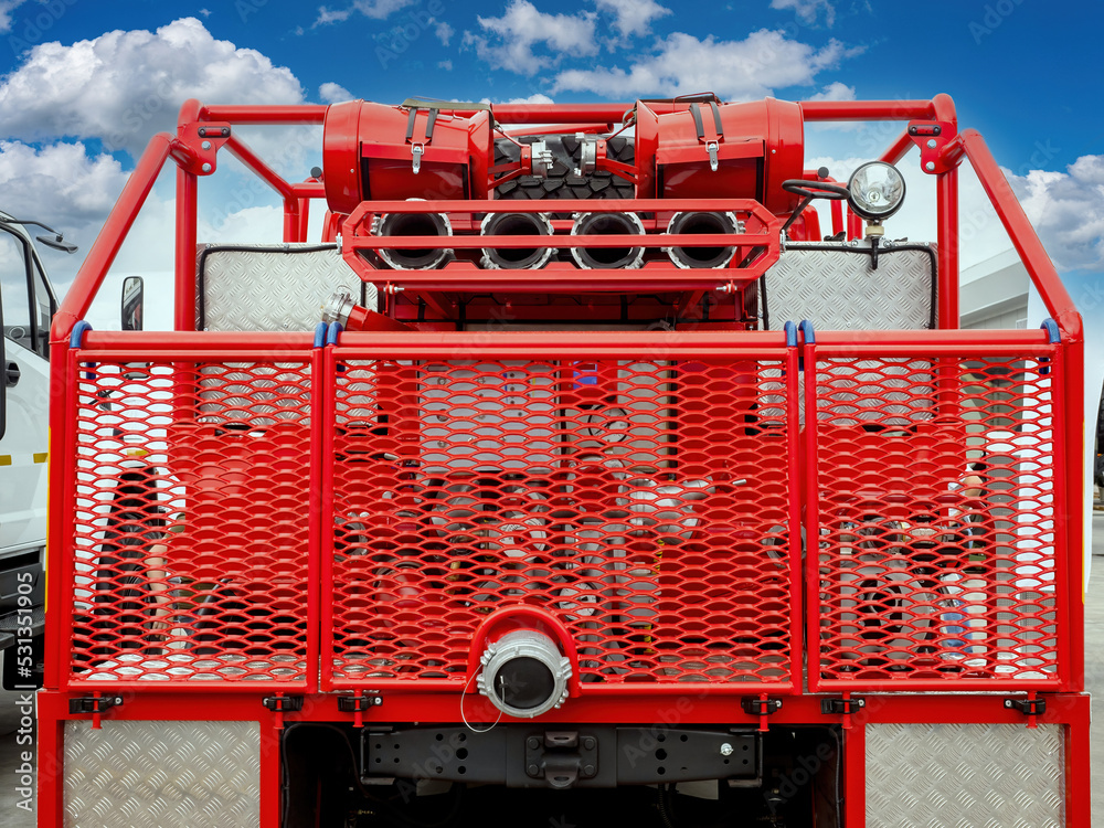 Fire department back view. Rescue vehicle. Firefighters car with ...