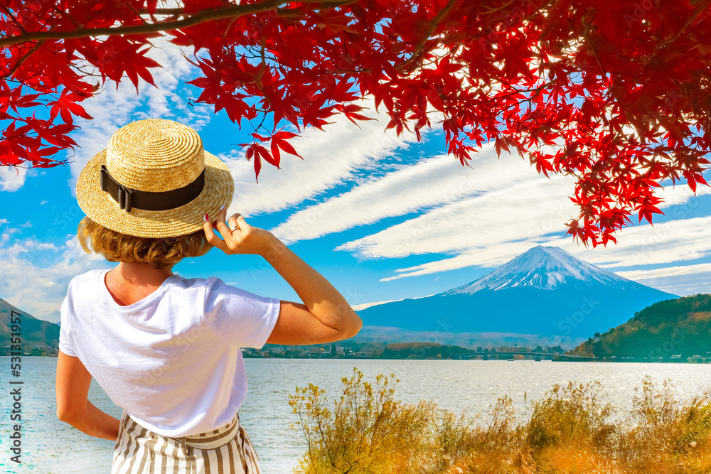 Japan travel. Woman traveler stands backwards. Girl Tourist in front of ...