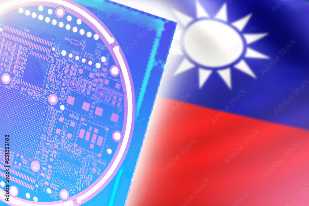 High-tech industry of Taiwan. PCB and Taiwan flag. Microprocessor ...