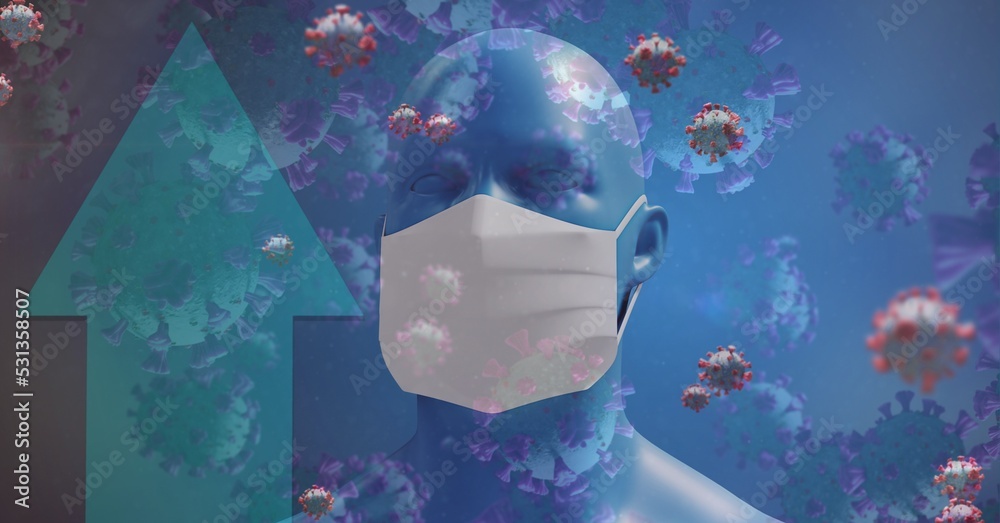 Covid-19 cells and arrow against 3D human head model wearing face mask ...