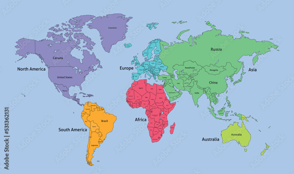 Vetor de World Map Divided Into Six Continents With Country Names. Each ...