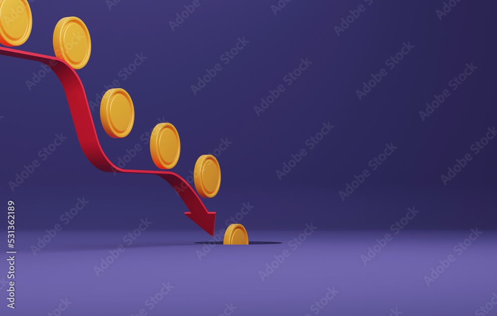 Red arrow graph pointing down apile of coins falling into hole on ...