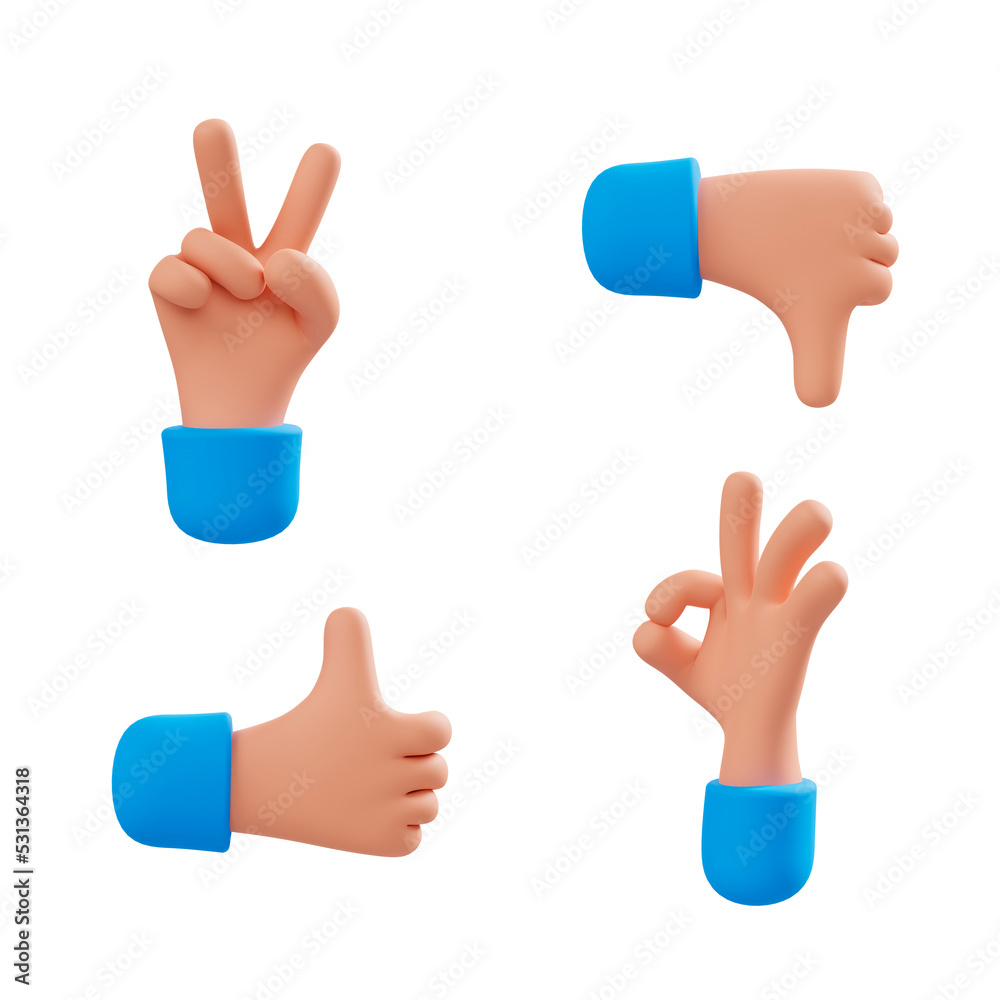 Set of cartoon 3d hands. 3d cartoon hand gestures isolated on white ...