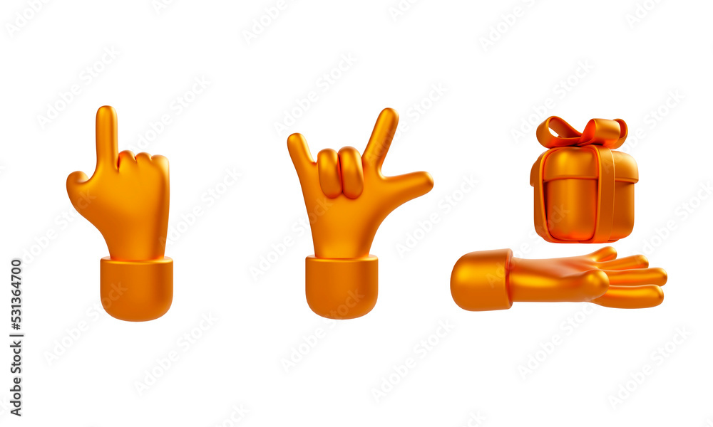 Set of gold cartoon 3d hands. 3d cartoon hand gestures isolated on ...