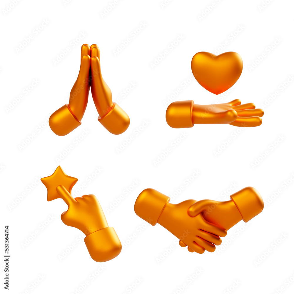 Set of gold cartoon 3d hands. 3d cartoon hand gestures isolated on ...