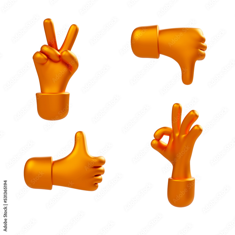 Set of gold cartoon 3d hands. 3d cartoon hand gestures isolated on ...