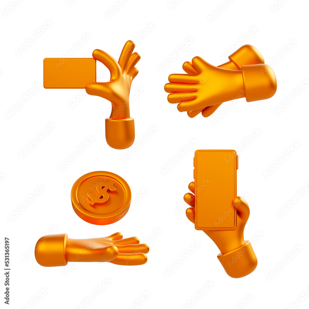 Set of gold cartoon 3d hands. 3d cartoon hand gestures isolated on ...