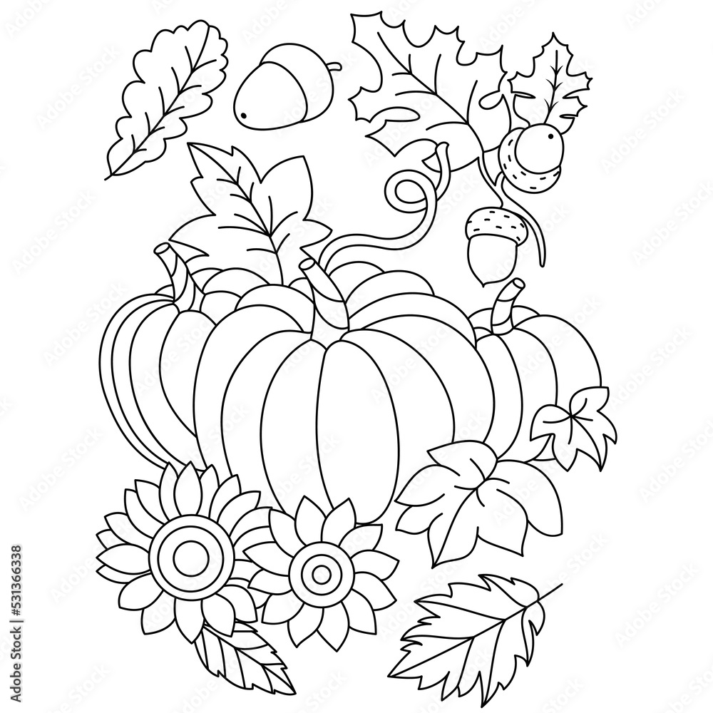 pumpkin acorn flowers autumn leaves fall thanksgiving coloring ...