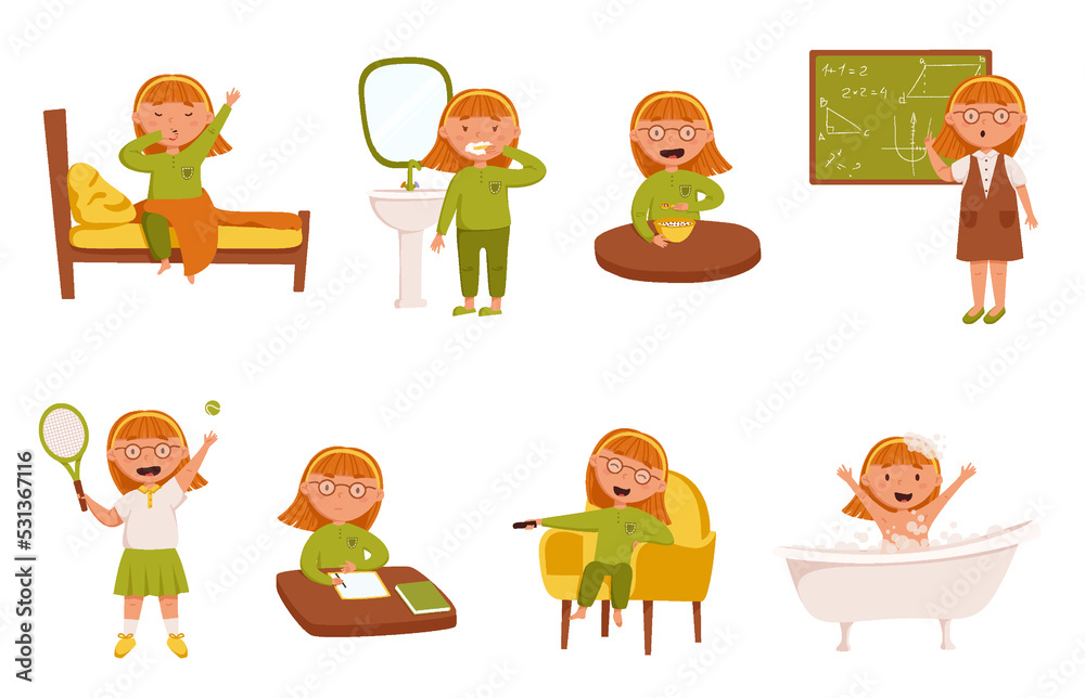 Set of daily cute red-haired girl vector illustration. Kid wake up ...