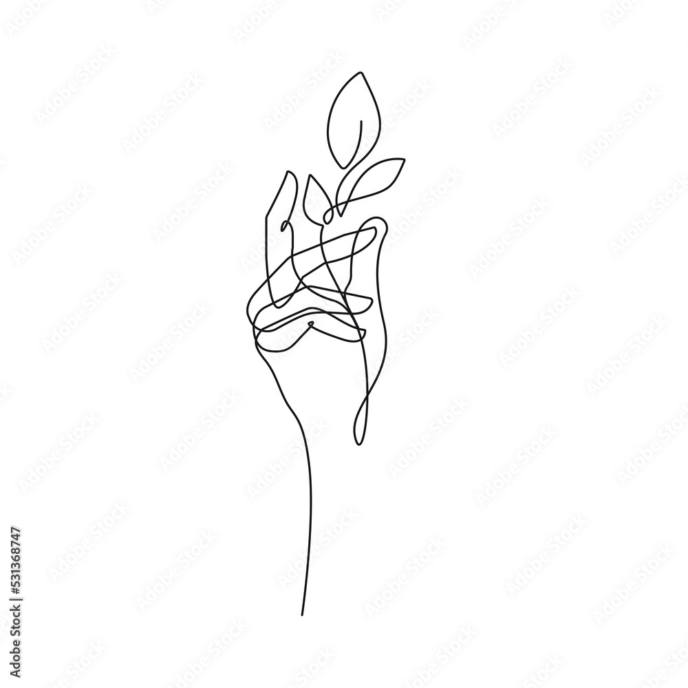 Hand with Leaves Branch Line Art Drawing. Ecology Symbol Black Sketch ...