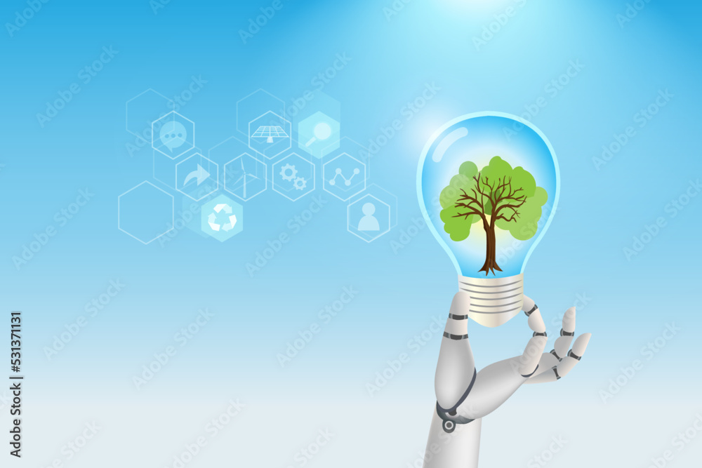 Robot hand hold lightbulb with green tree growing. Artificial ...