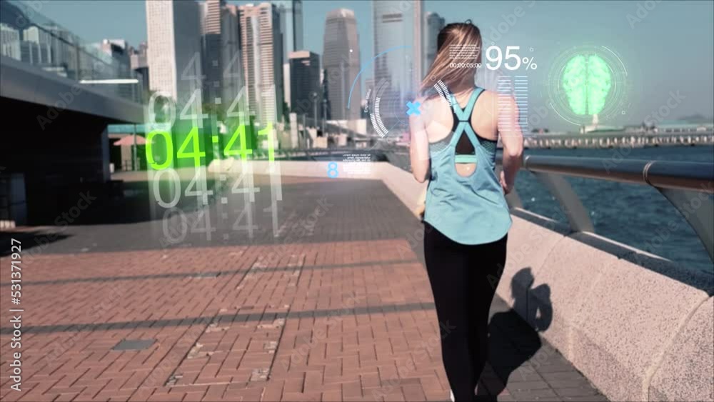 Sports technology concept.Beauty asian woman running by virtual reality ...