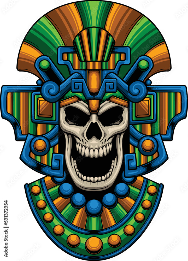 Vector illustraion of aztec skull warrior with vintage style drawing ...