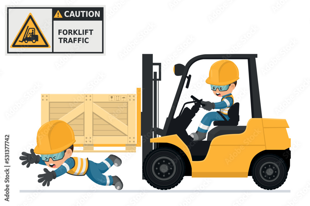 Plakat Industrial worker driving a forklift in an accident to a worker ...