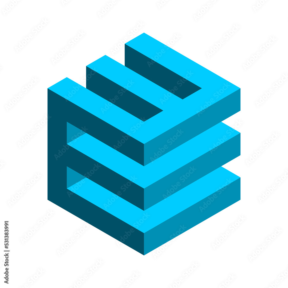 Triple E cube logo. 3D letter E cube. Blue geometric hexagon shape ...