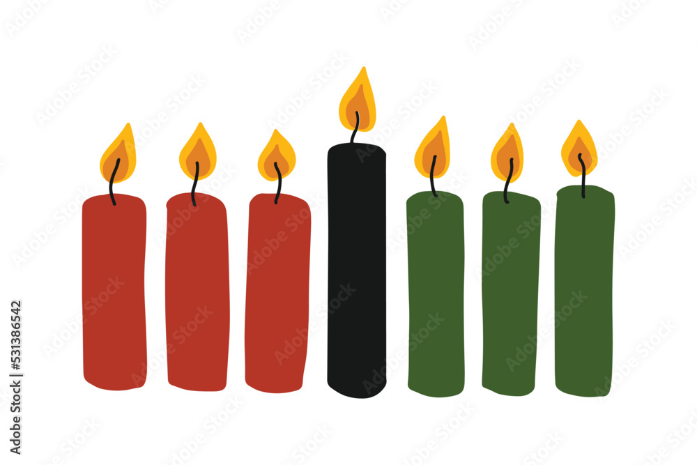 Seven Kwanzaa kinara candles in traditional African colors - red, black ...