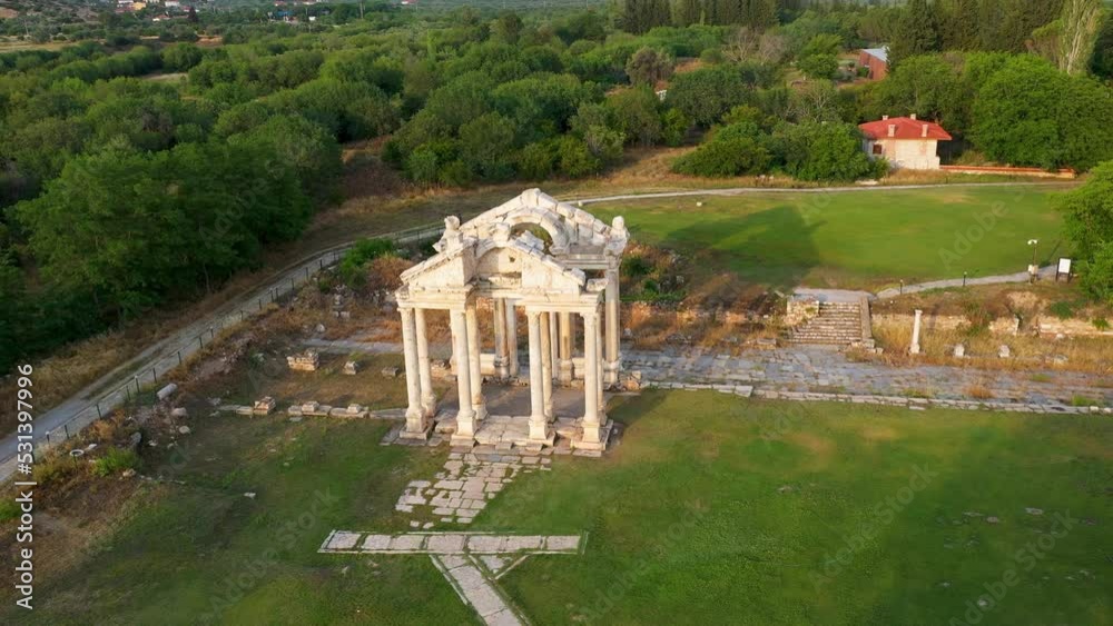 Aerial footage of Aphrodisias ancient city, top view of ruins of ...