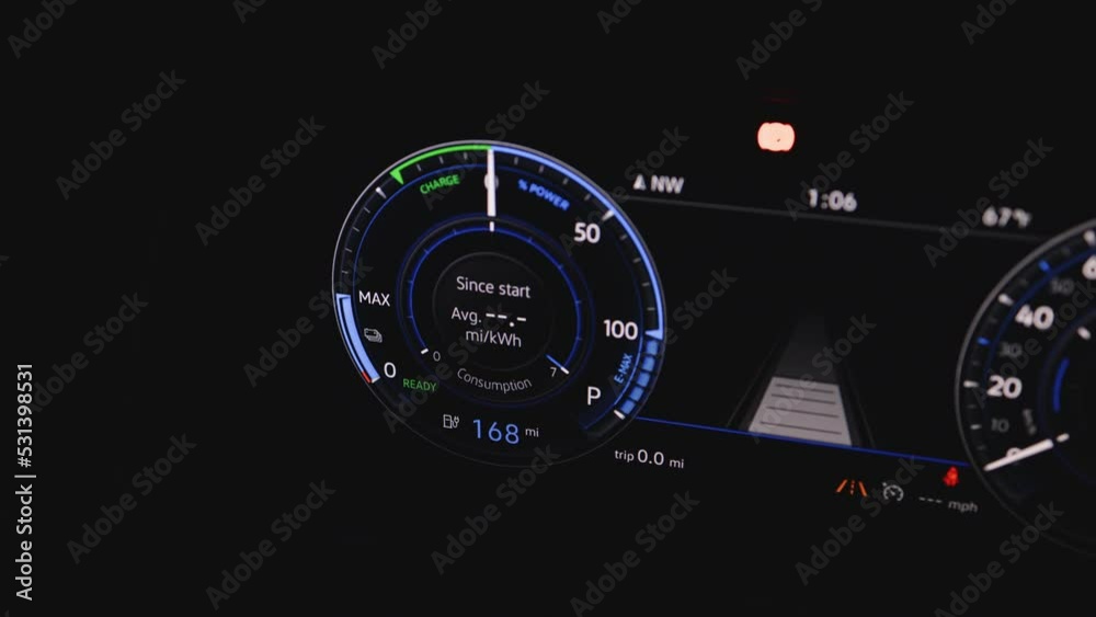 Electric car dashboard display closeup. Electric Car Concept. Battery ...