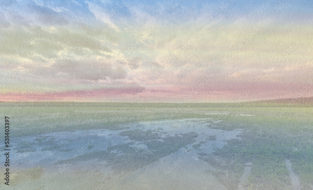 watercolor background. A large puddle in the middle of a plowed field ...