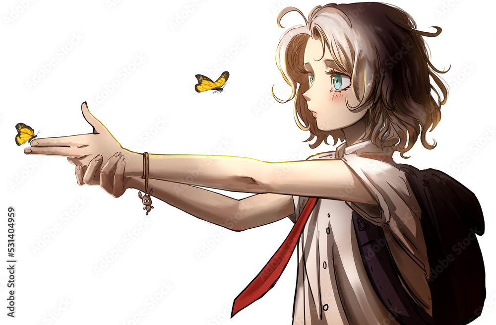 A cute anime girl in a school uniform makes a hand gun gesture at this ...