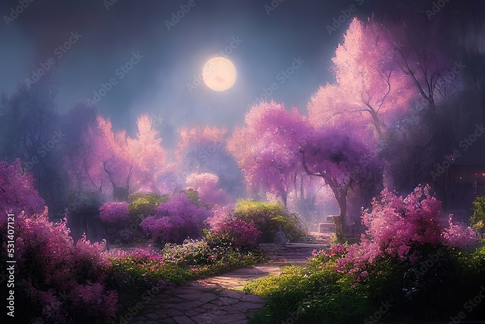 Fairytale garden with stone arch and lilacs. Fantasy landscape, lilac ...