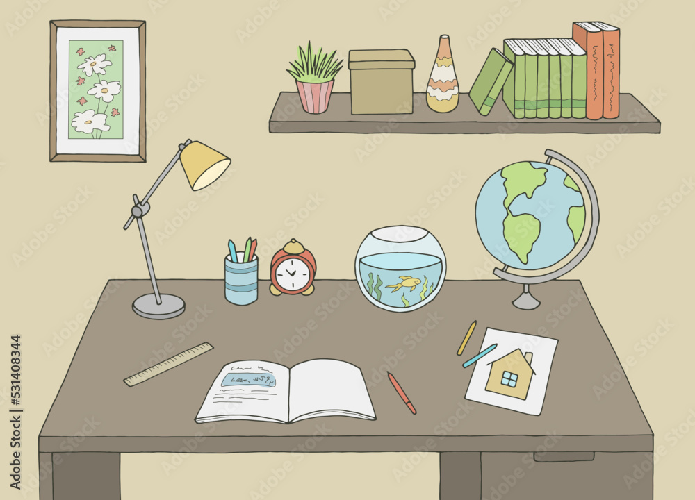 Study table graphic color interior sketch illustration vector Stock ...