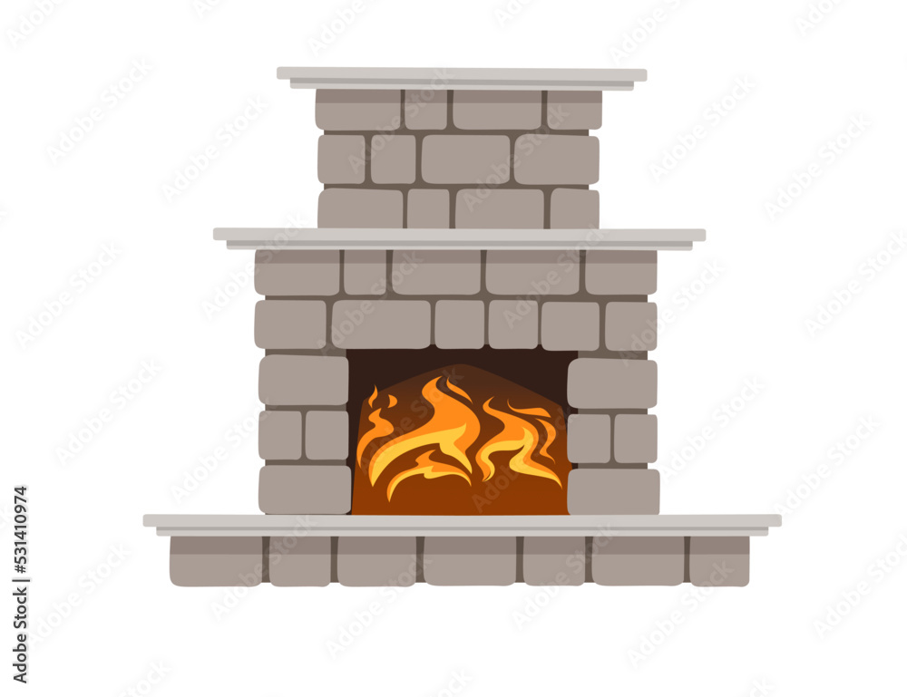 Modern stone fireplace with hot flame vector illustration isolated on ...
