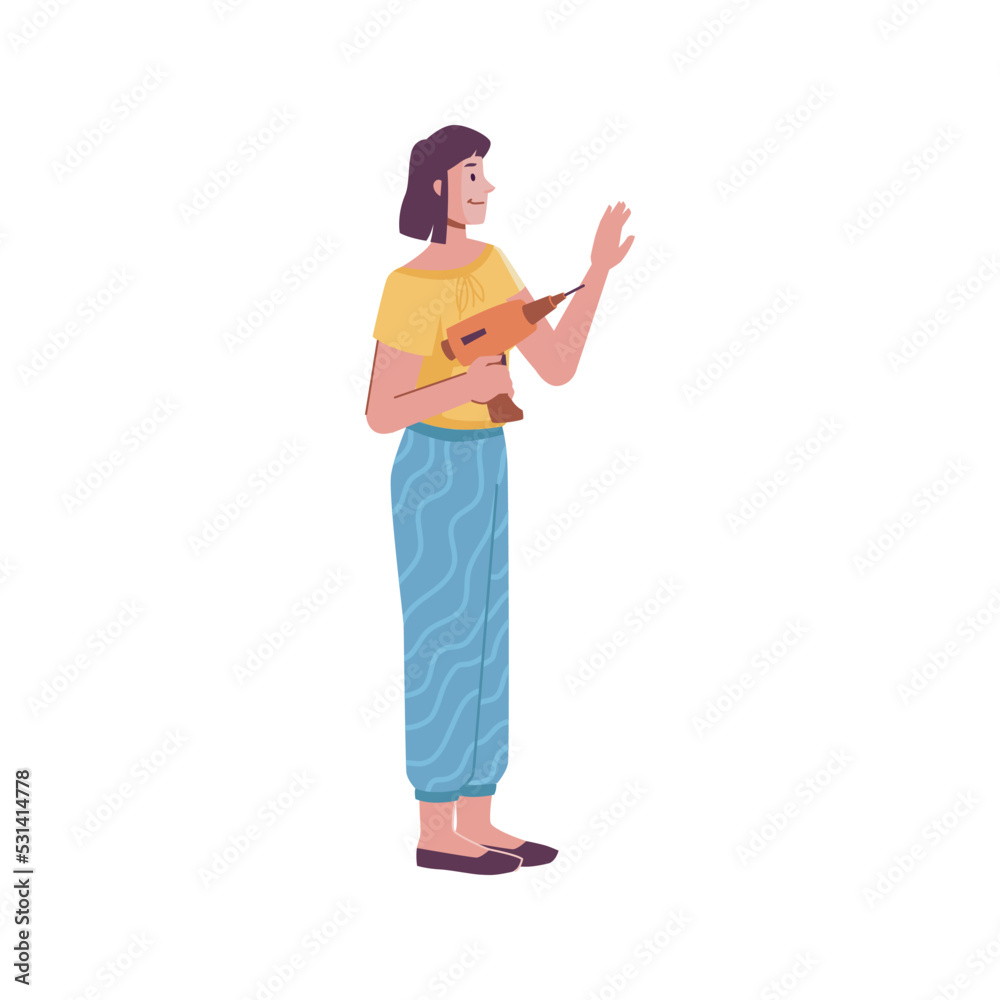 Handy woman with drill making renovation, repairing or fixing broken ...