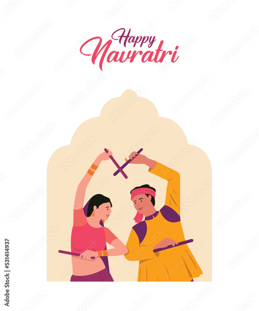 Happy Navratri Text with vector illustration of Woman and Man playing ...