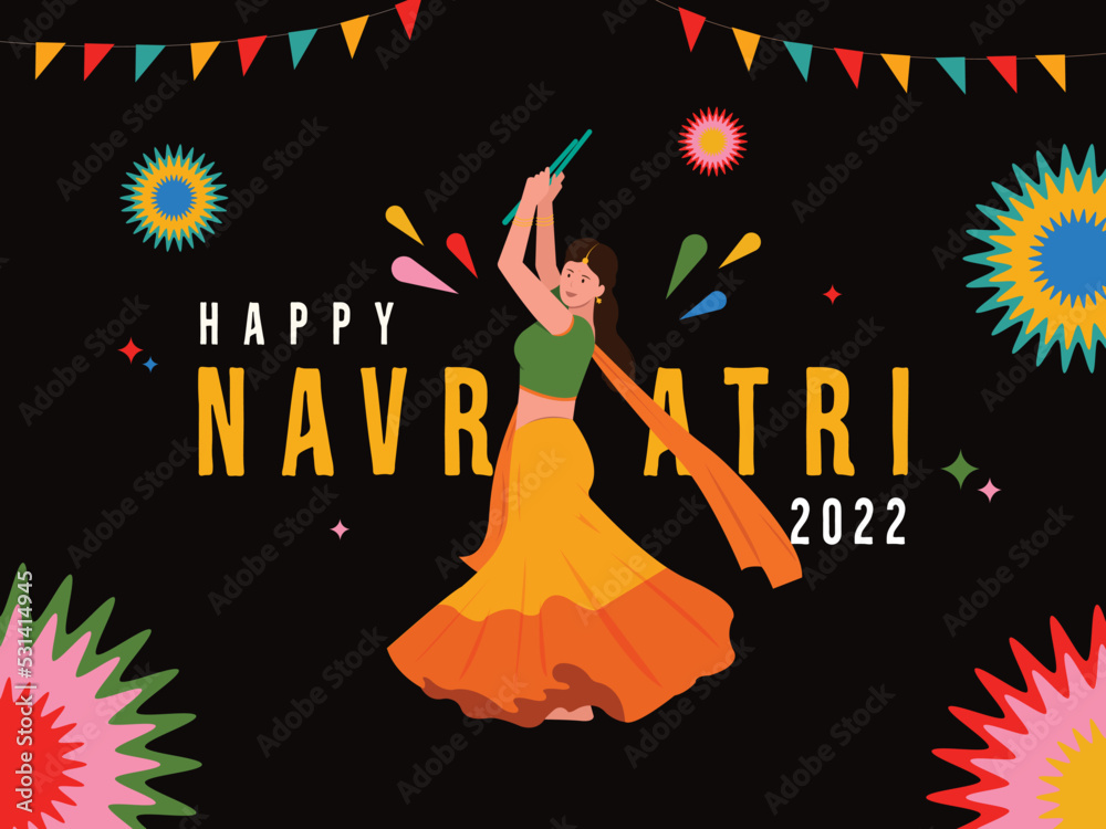 Happy Navratri Text with vector illustration of Woman playing Dandiya ...