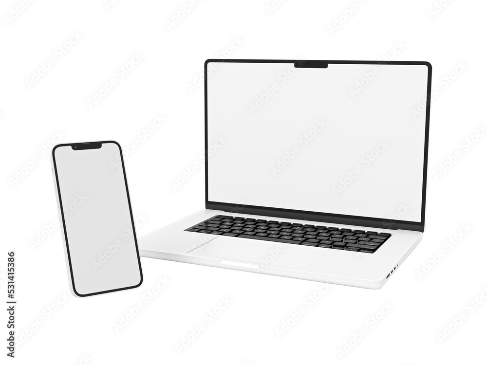 MacBook Pro Laptop and iPhone 13 smartphone in 3D rendered illustration ...