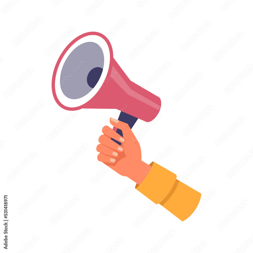 Protester with megaphone, isolated hand of objector with horn for ...