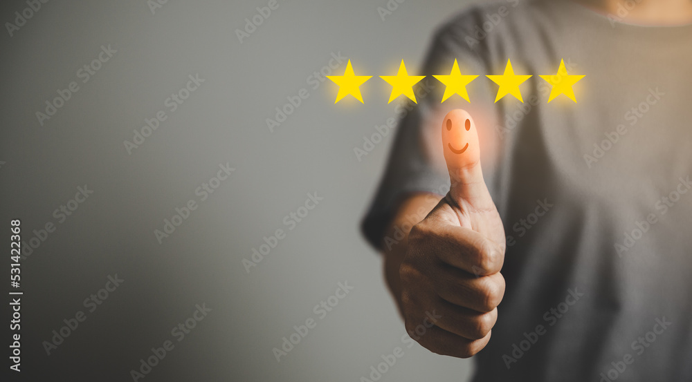Hand with thumb up positive emotion smiley face icon and 5 star with ...