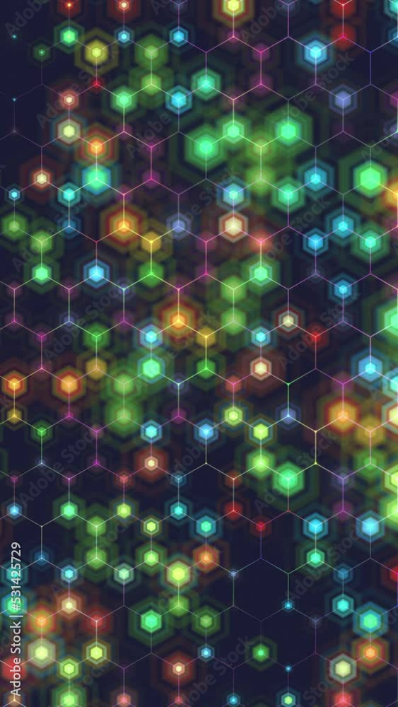Hexagons network loop. Abstract background of colorful pulsing hexagons ...