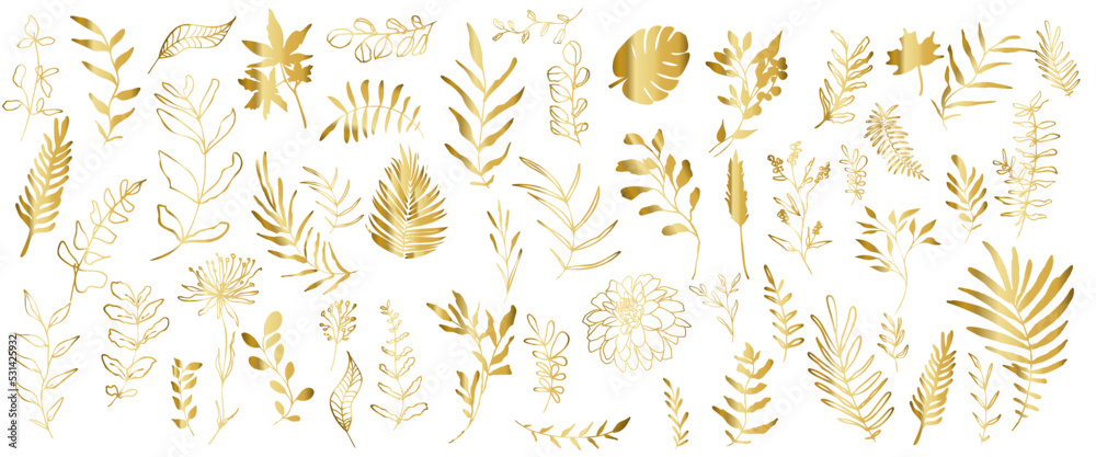 Big hand drawn colorful gold plant set - universally usable. Botanical ...