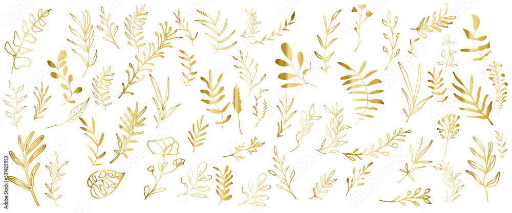 Big hand drawn colorful gold plant set - universally usable. Botanical ...