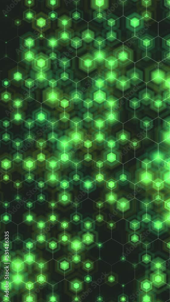 Hexagons network loop. Abstract green background of colorful pulsing hexagons in a honeycomb ...