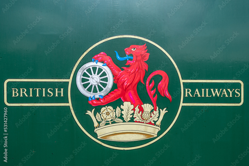 The British Railways logo on the Royal Wessex train at Swanage railway ...