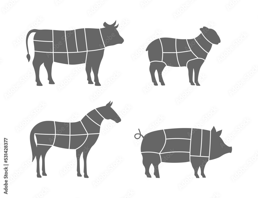 Farm animals scheme cuts. Pig, Horse, Sheep, Cow cuts of meats. Meat ...