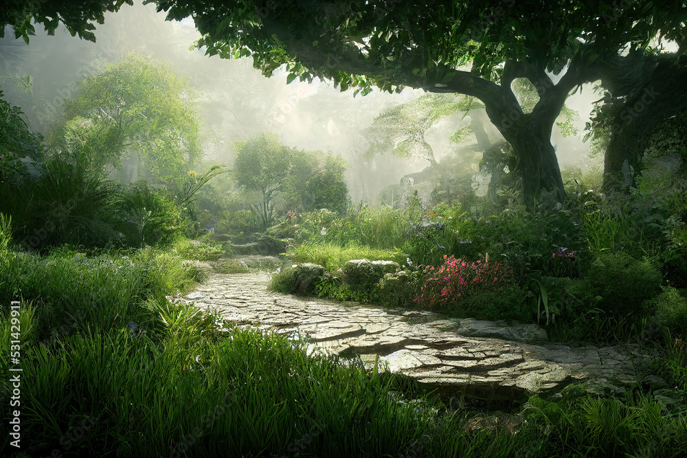 Beautiful green garden of Eden, lush environment, rich foliage, nature ...