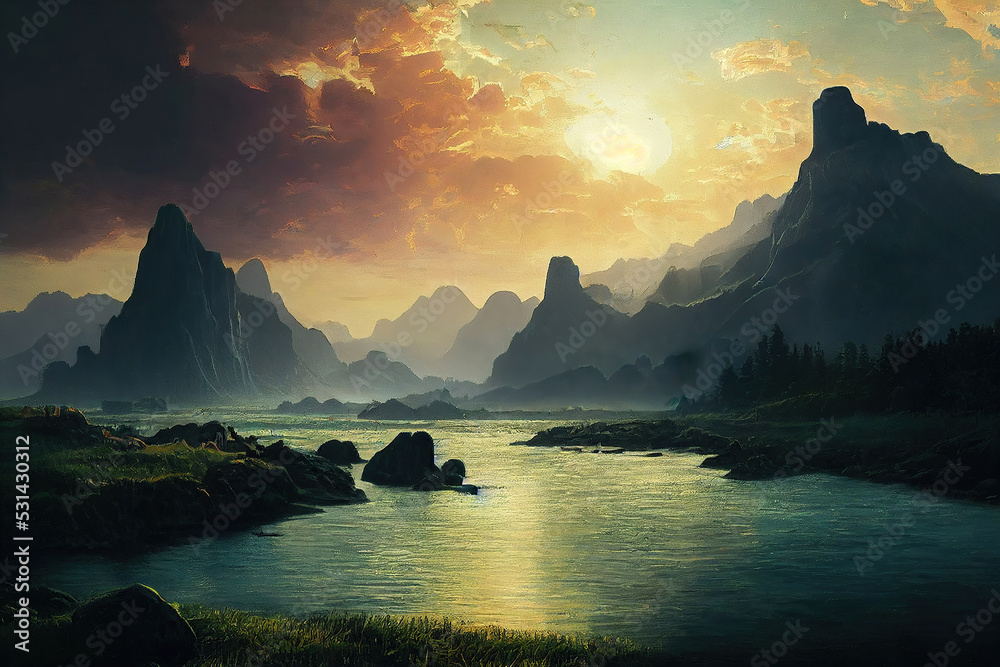 river flowing in the valley, mountains at the background, digital ...