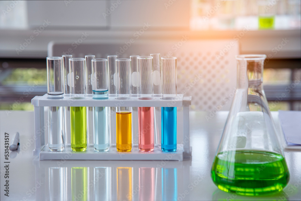Science chemistry glass tubes objects on lab background. Liquid tube ...