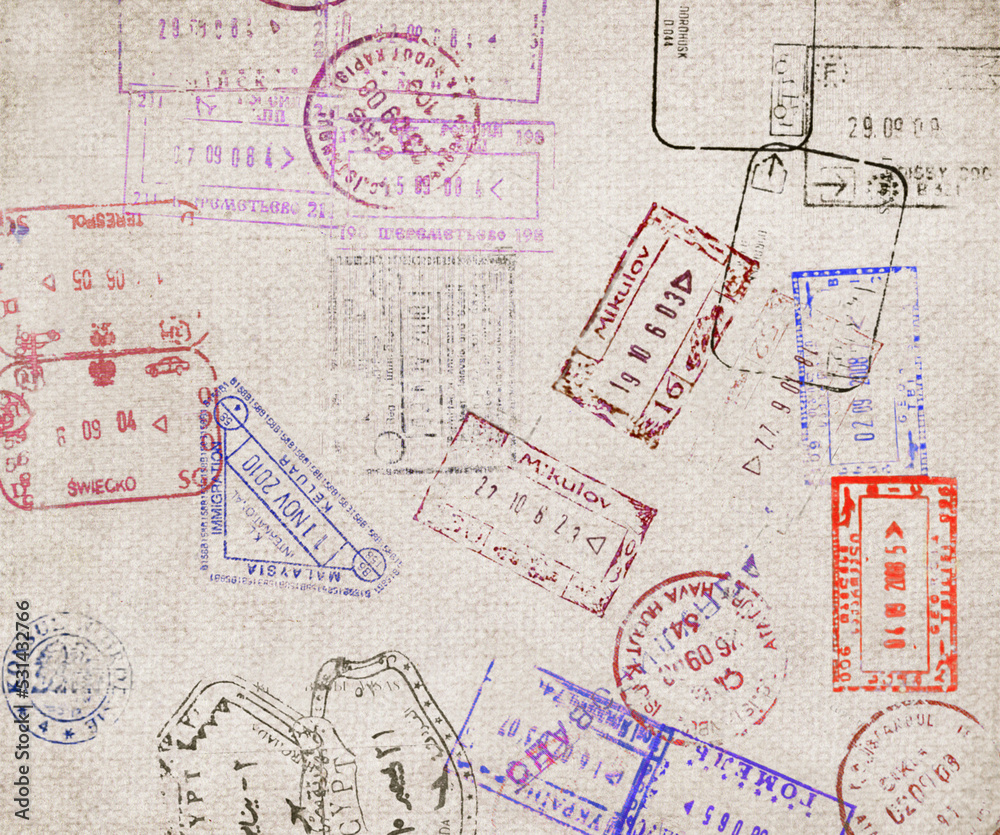 Travel background with different passport stamps Stock Photo | Adobe Stock