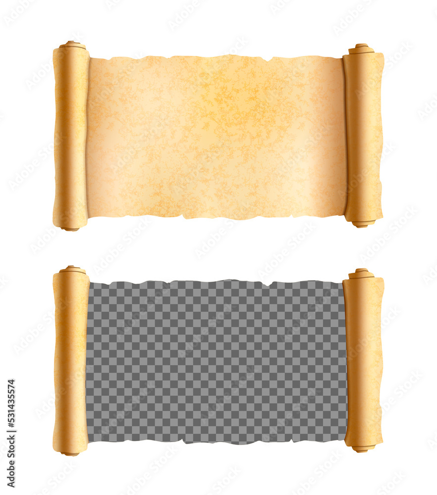 Old textured horizontal wide papyrus scroll, mockup with transparent ...
