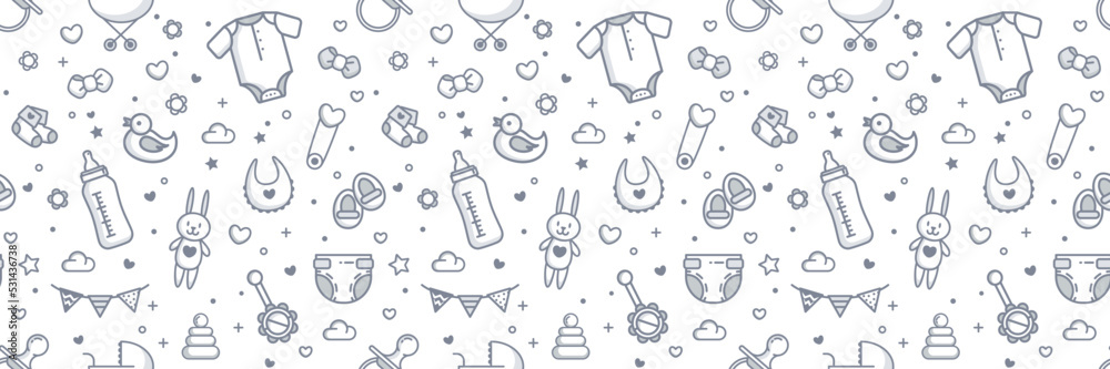 Baby Seamless Background In White and Gray Colors. Vector Cartoon ...
